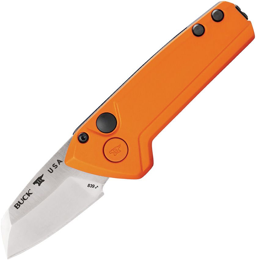 Buck Auto Mini Deploy Button Lock Orange Aluminum Satin 154CM – Knives.mx
