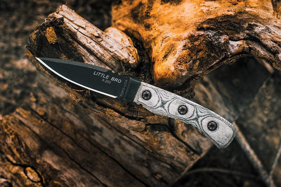 TOPS Knives Little Bro Black Linen Micarta Black Traction Coated 1095H ...