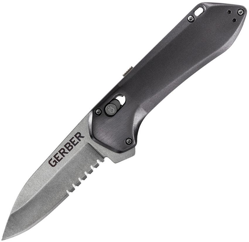 Gerber Highbrow Compact Pivot Lock A/O Gray Aluminum Stonewash Serrate ...
